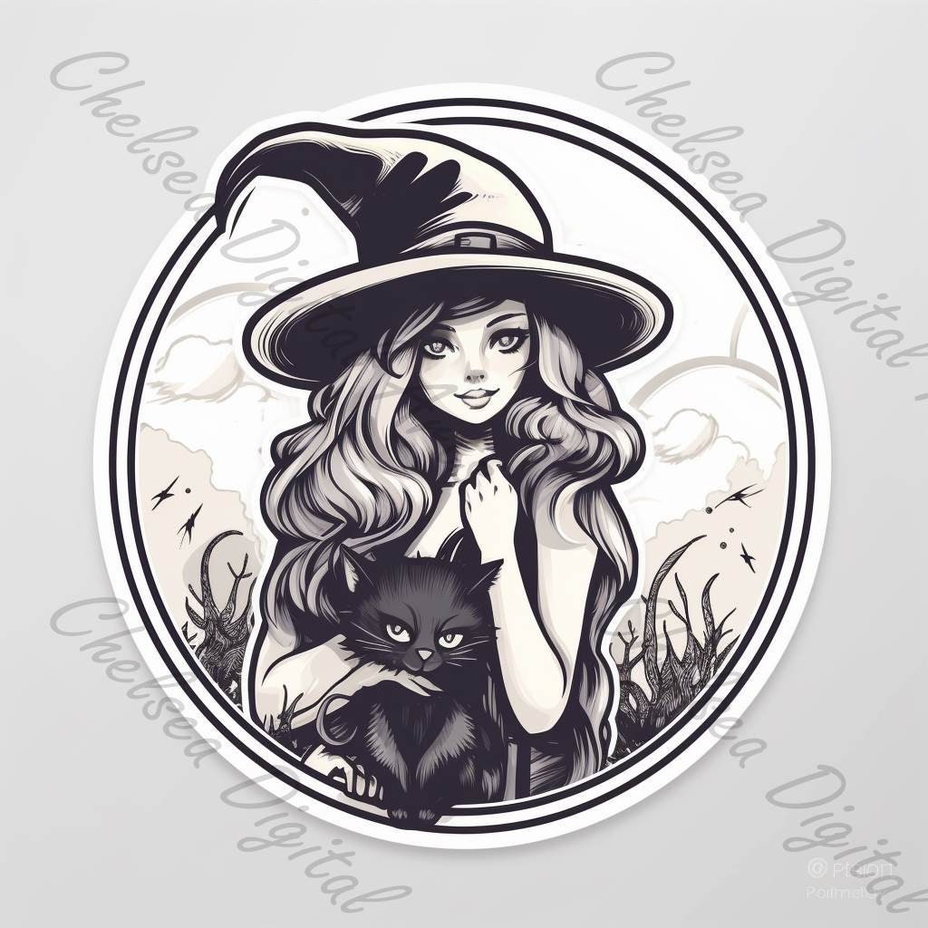 12 Pretty Witches Black Cat and Full Moon JPG Pack White - Etsy