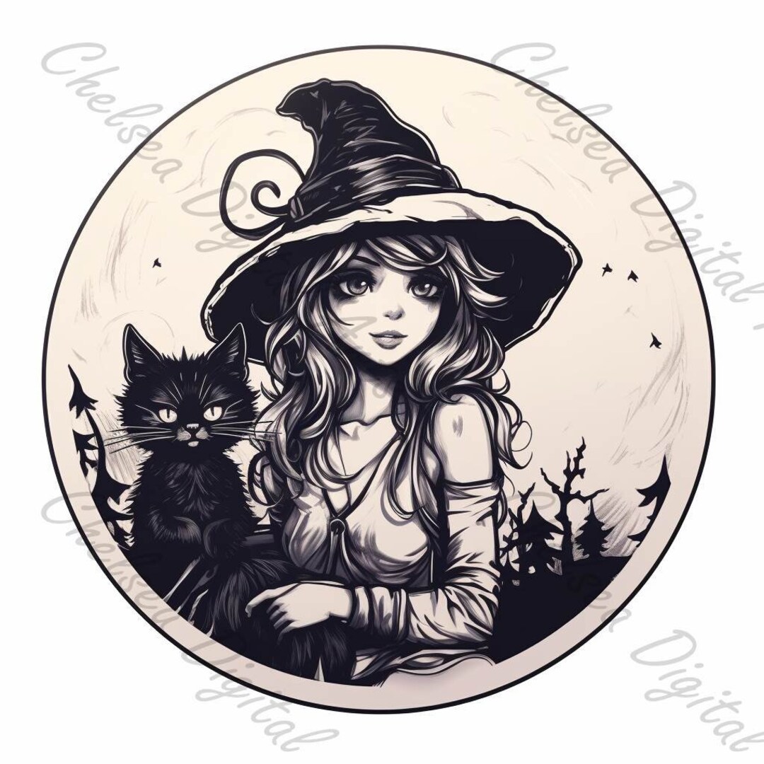12 Pretty Witches Black Cat and Full Moon Transparent PNG Pack for ...