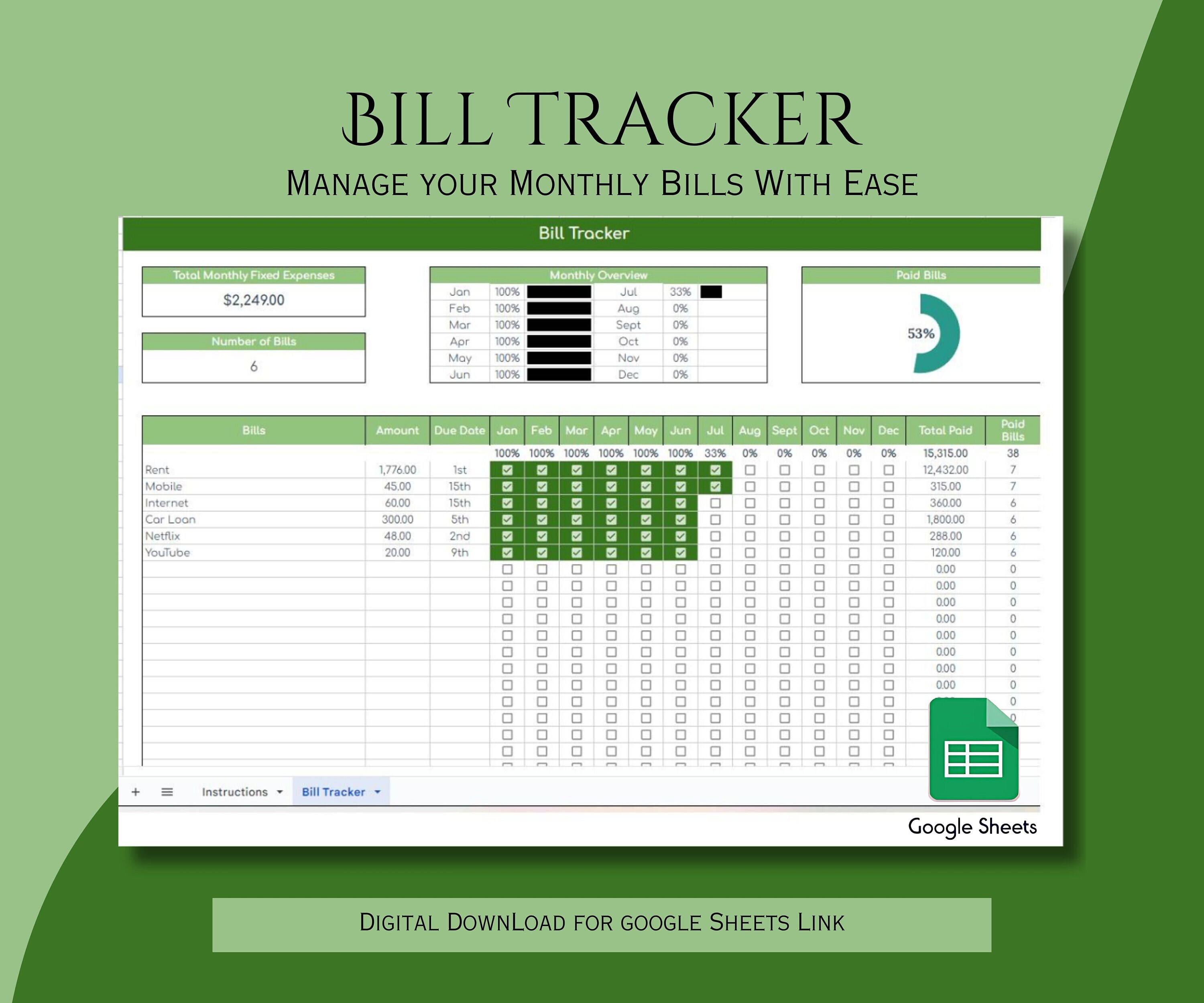 Monthly & Annual Bill Tracker Google Sheets Template Budget Planner ...