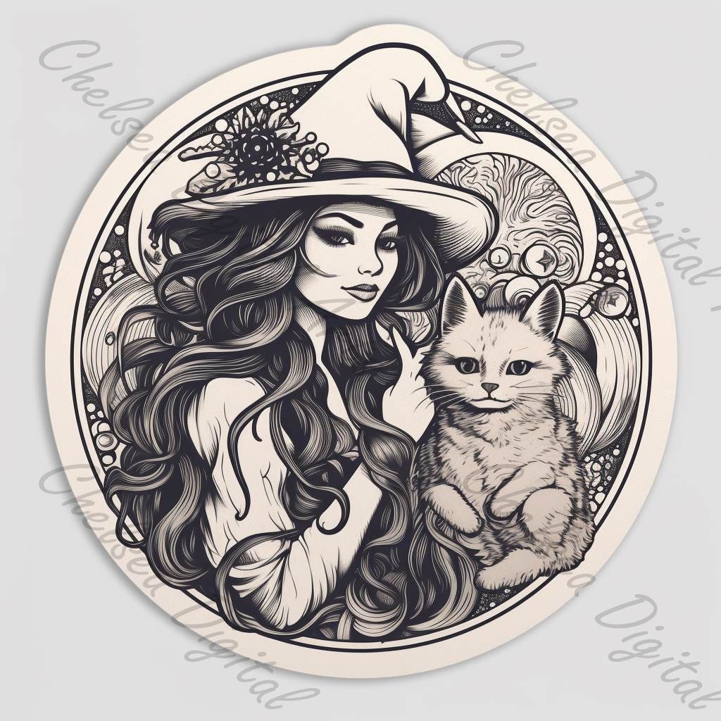 12 Pretty Witches Black Cat and Full Moon JPG Pack White - Etsy