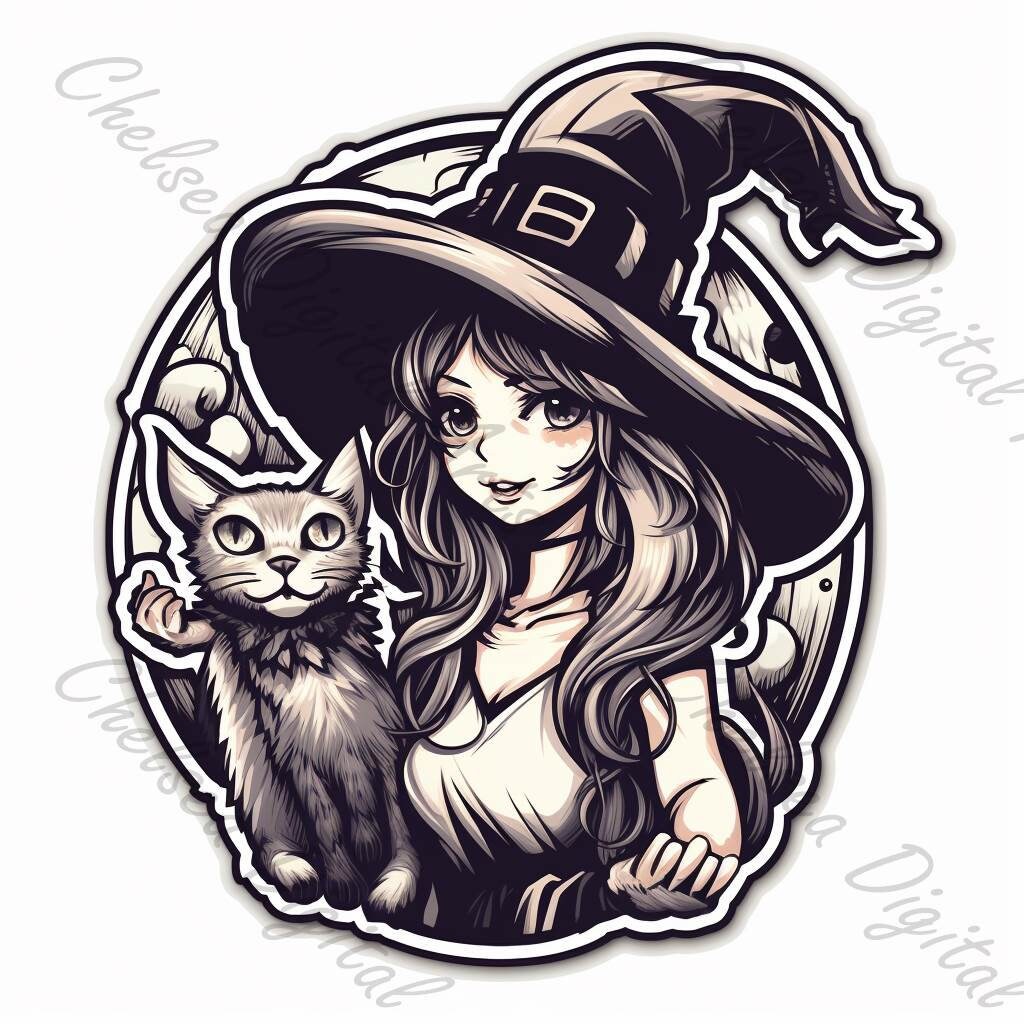 12 Pretty Witches Black Cat and Full Moon JPG Pack White - Etsy