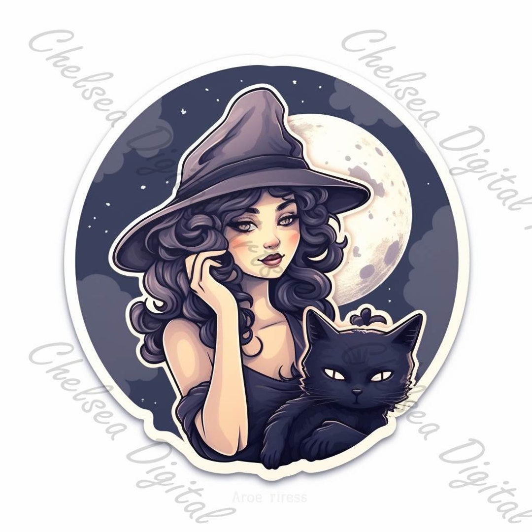12 Pretty Witches Black Cat and Full Moon JPG Pack White - Etsy