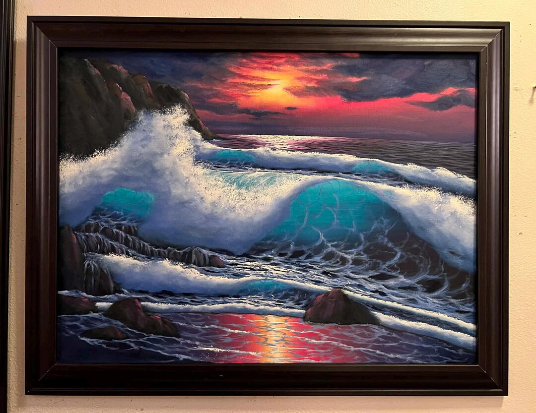 Original Seascape Oil Painting, Fire Sky, Framed Canvas Art - Etsy