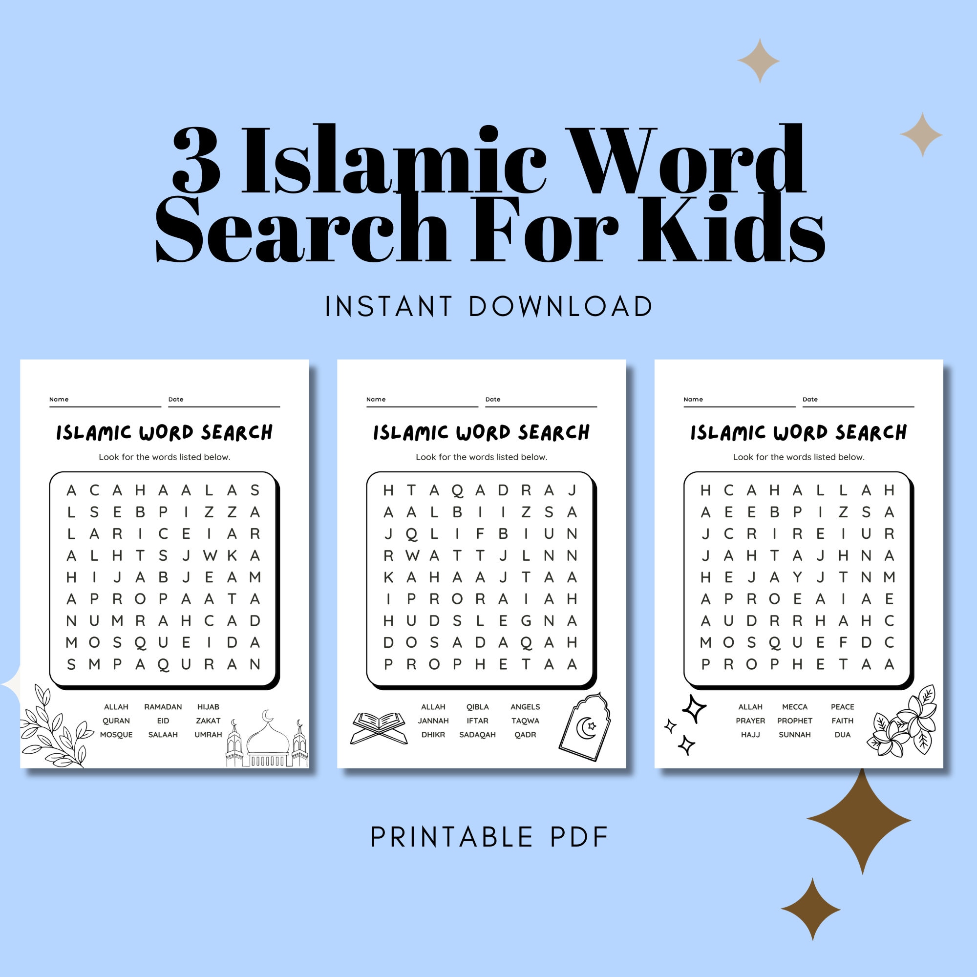 Islamic Word Search Puzzle for Kids Set of 3 Instant Download / Printable PDF - Etsy