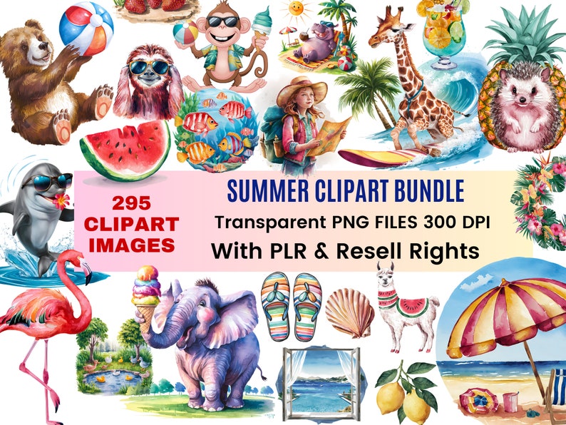 Summer Clipart Bundle Plr, Watercolor Summer Vibes Transparent PNG, 300 ...