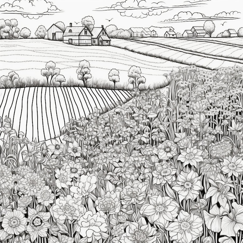 80 Pages Book of Field of Flowers Coloring Pages. Perfect for Calming ...