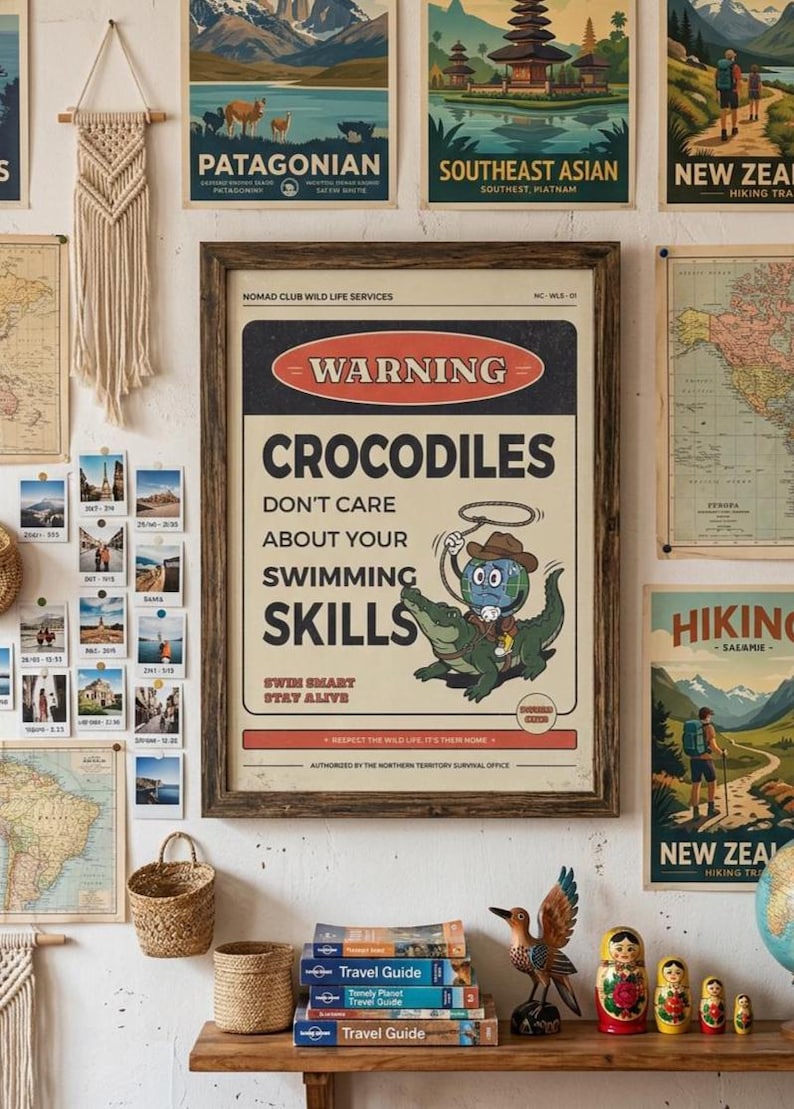 Crocodile Warning Sign Print | Funny Australia Wildlife Poster | Retro ...