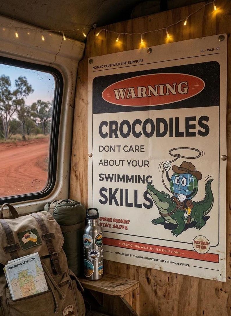 Crocodile Warning Sign Print | Funny Australia Wildlife Poster | Retro ...