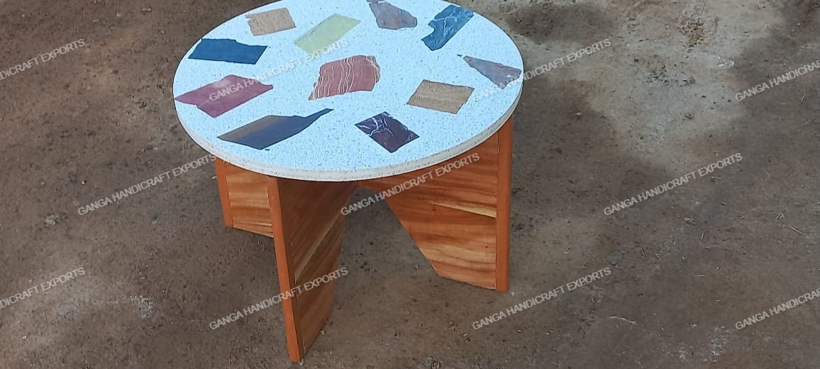 White Terrazzo Table Top With Wooden Legs, Gardens, Balcony, Round Terrazzo Coffee Table Top ...