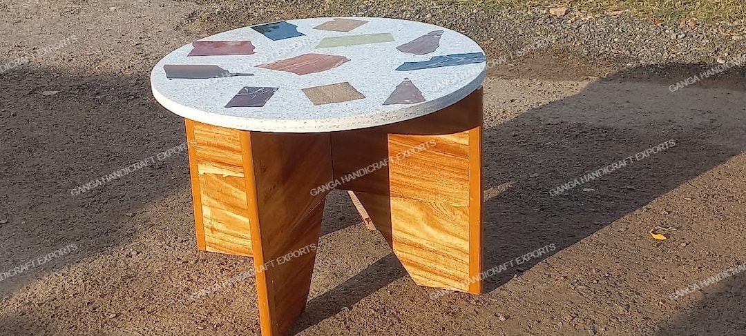 White Terrazzo Table Top With Wooden Legs, Gardens, Balcony, Round Terrazzo Coffee Table Top ...