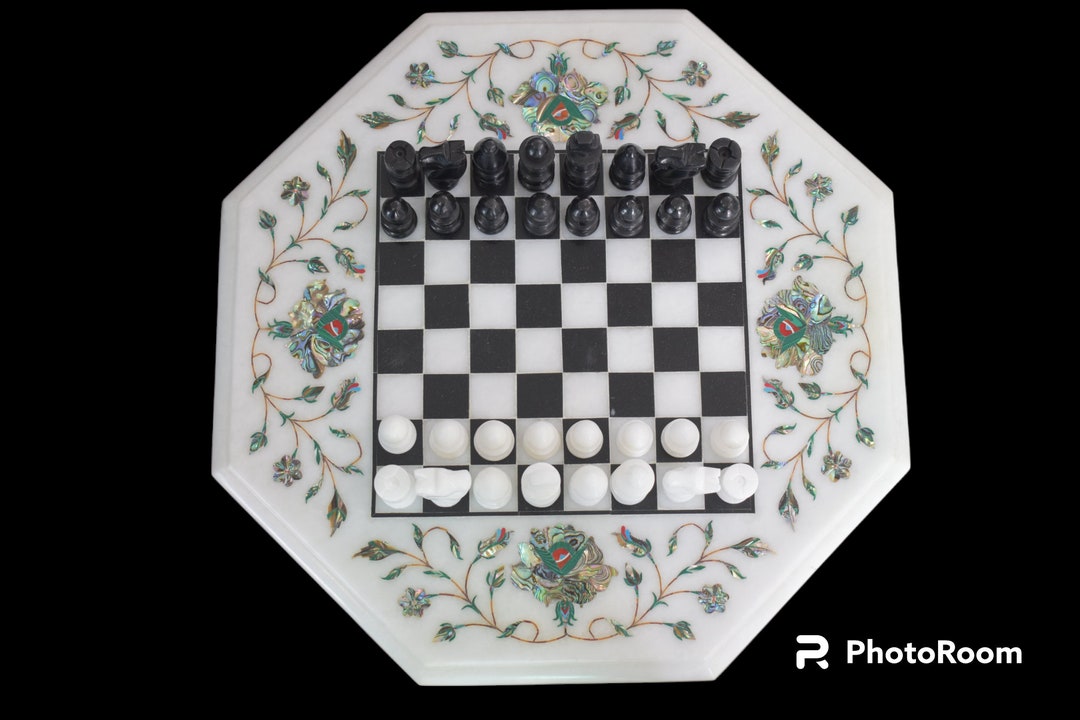 Abalone Shell Chess Table Top, Handmade Marble Inlay, Floral Pietradura ...