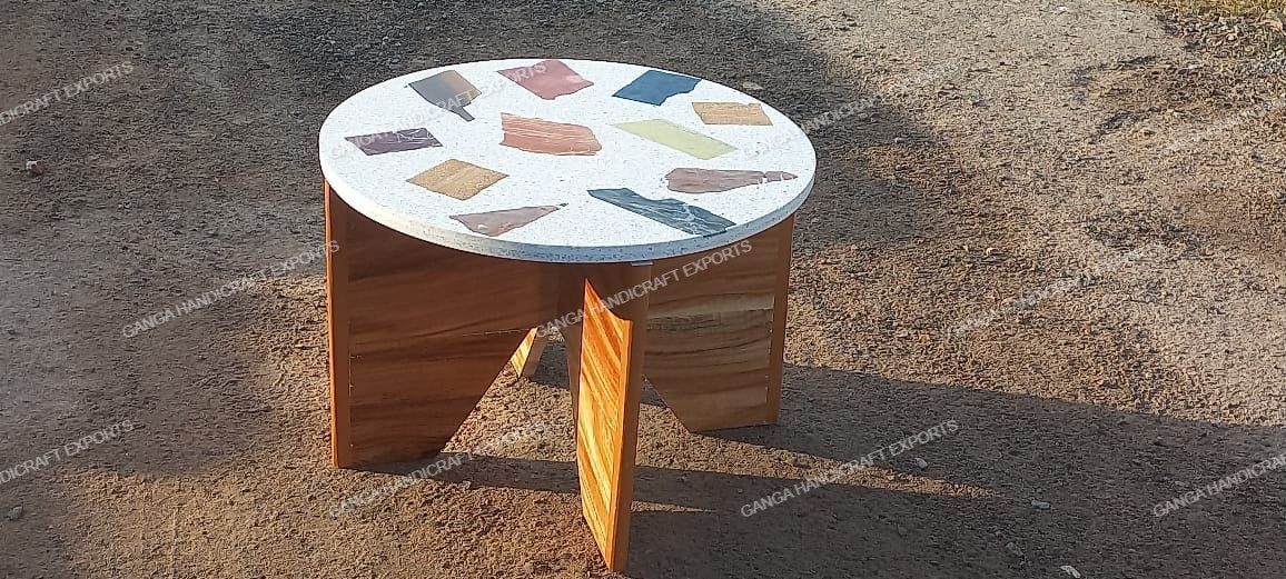 White Terrazzo Table Top With Wooden Legs, Gardens, Balcony, Round ...
