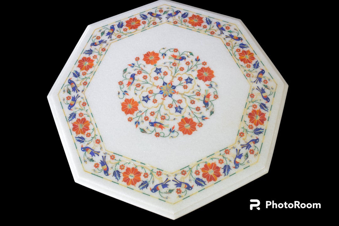 15" Flora and Fauna Style White Marble Table Top, Pietradura, Vintage ...