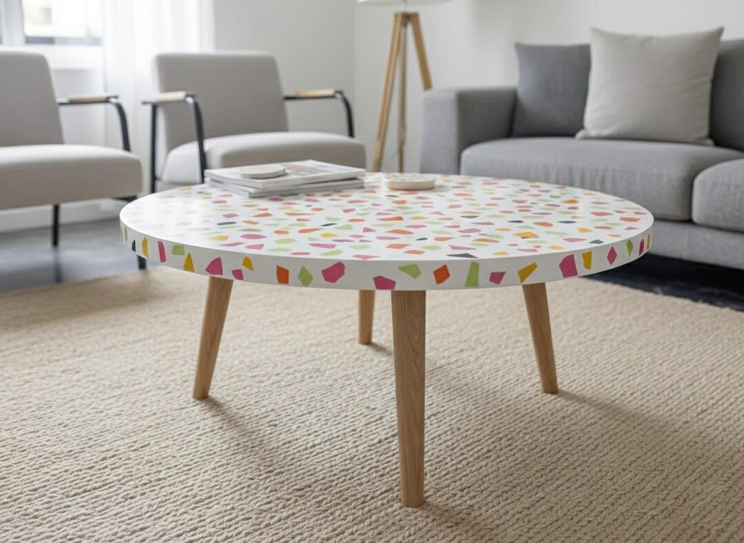 Round Terrazzo Center Table, Wooden Legs, Modern Decor (30x30 In) - Etsy