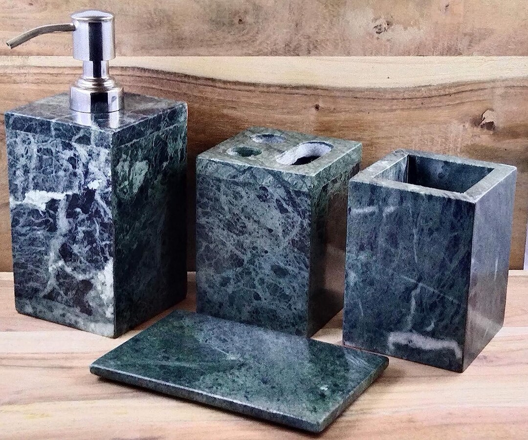 Marble Bathroom Accessories Set, Green Marble Bath Set of 4, Modern ...