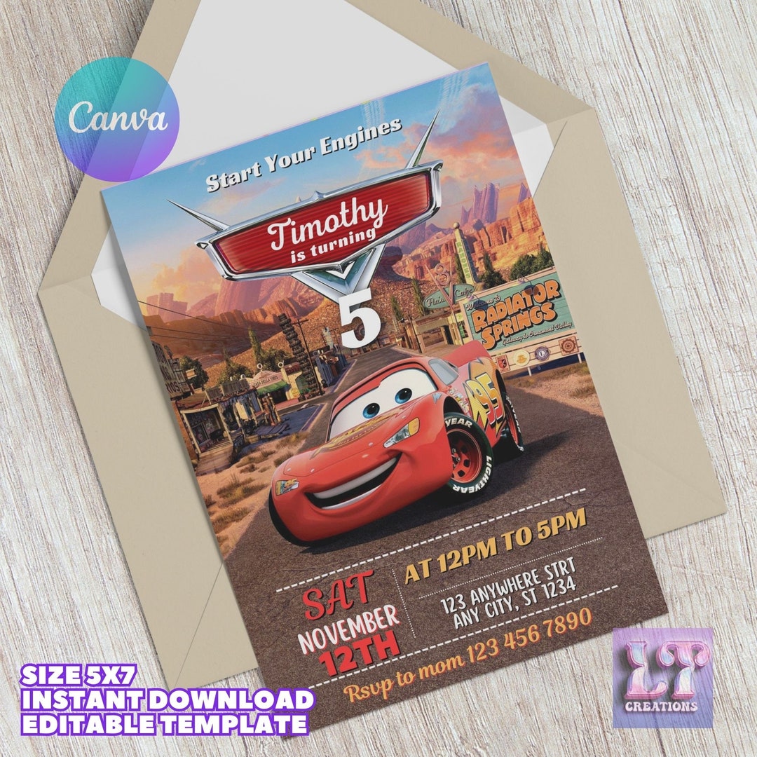 Cars Birthday Party Invitation, Cars Lightning Mcqueen Party Digital ...
