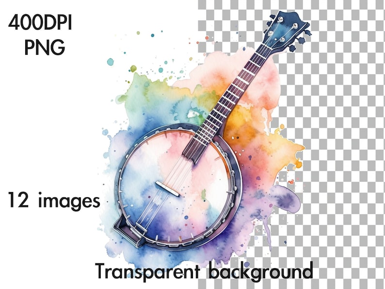 Banjo Watercolor Artwork, Clipart, Dreamy Vibes, Splash Colors - Etsy