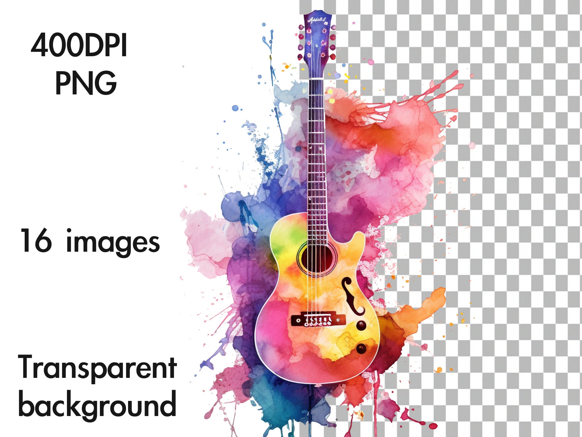 Watercolor Guitar Set, Splash Colors Style, Clipart, PNG, 400DPI ...