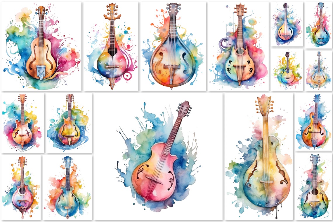 Watercolor Mandolin Splash Colors 400DPI PNG Clipart - Etsy