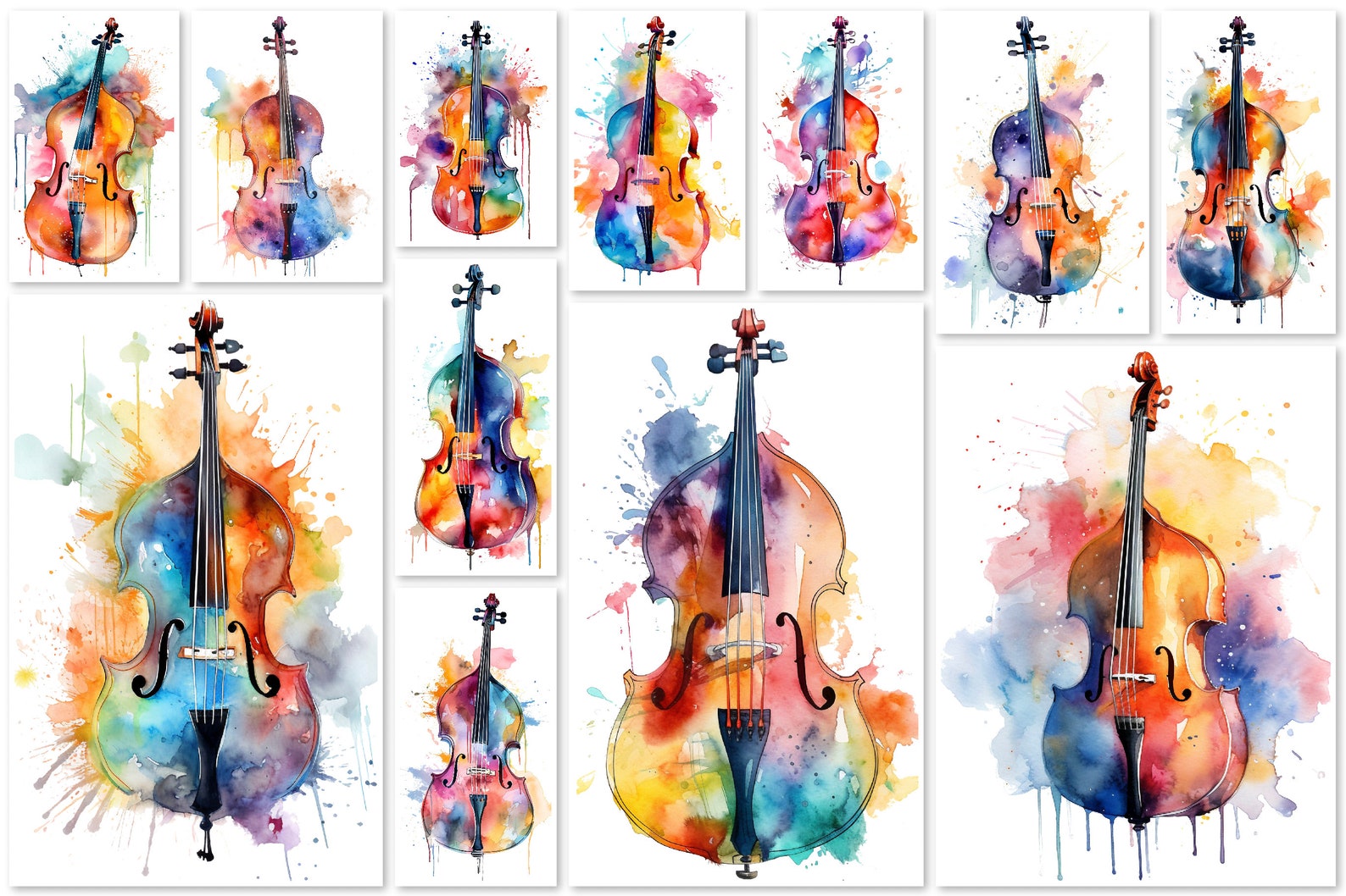 Upright Bass Watercolor Artwork, Clipart, Dreamy Vibes, Splash Colors ...
