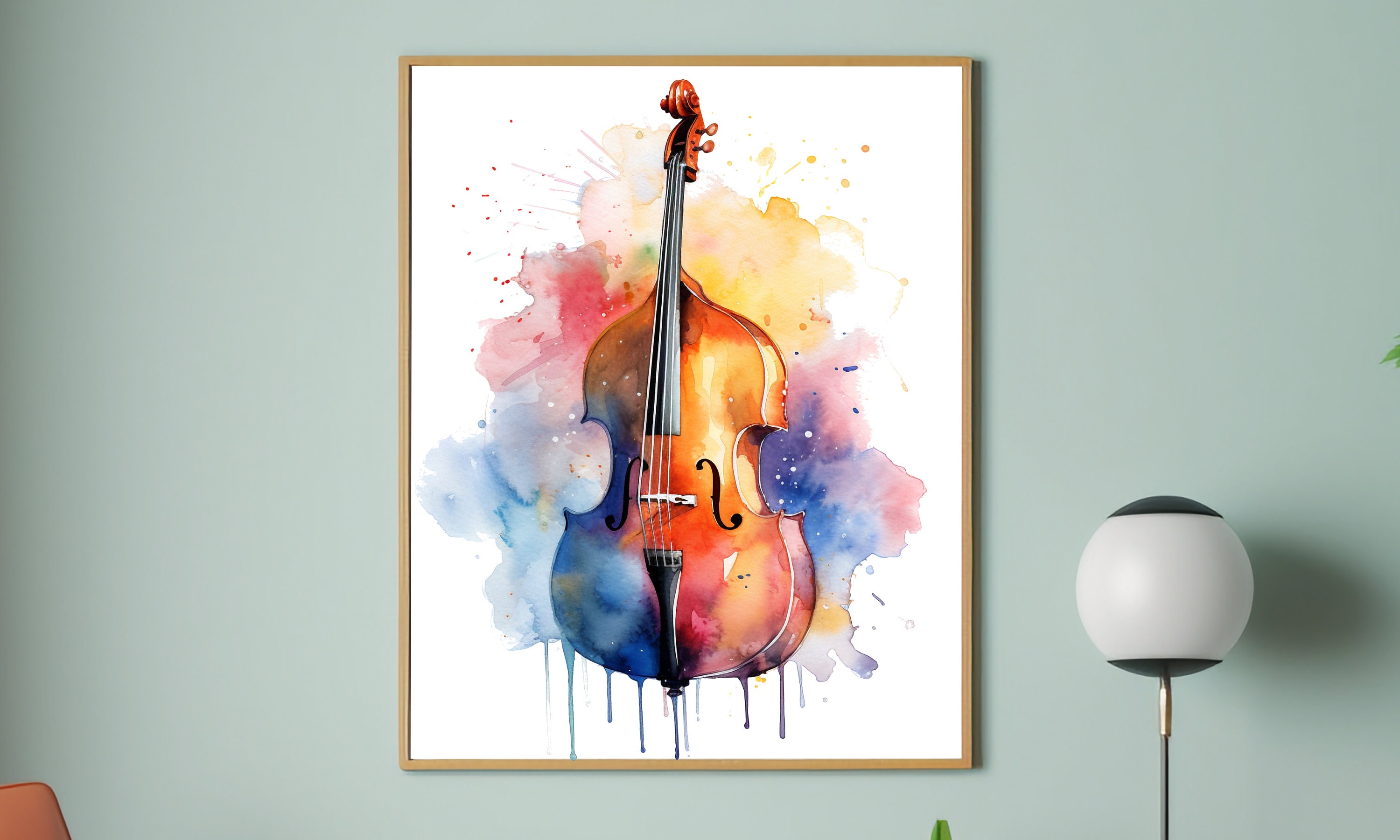 Upright Bass Watercolor Artwork, Clipart, Dreamy Vibes, Splash Colors ...