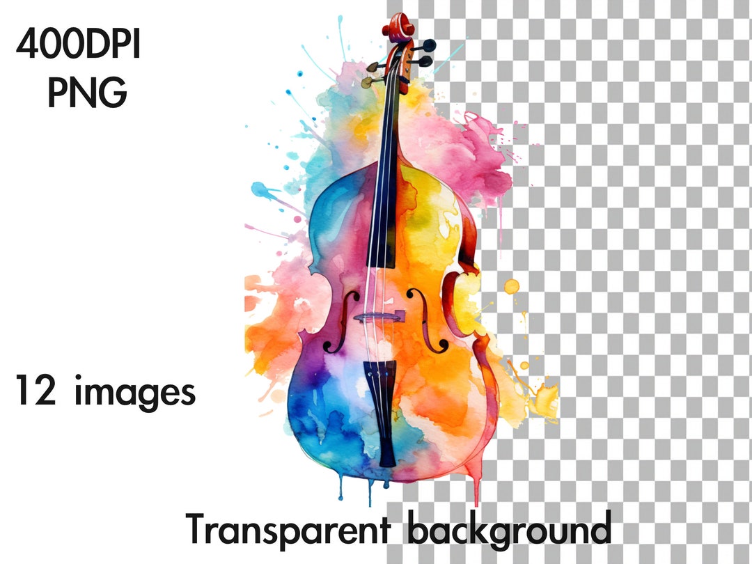 Upright Bass Watercolor Artwork, Clipart, Dreamy Vibes, Splash Colors ...