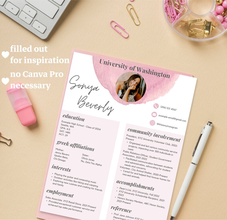 Pink Sorority Resume Template With Photo and Cover Letter, College ...