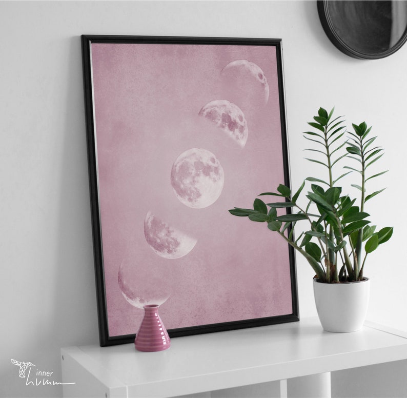 Pink Moon Phases Printable Poster, Moon Print, Celestial Crescent Moon ...