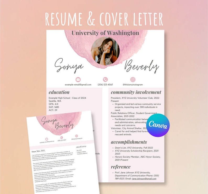 Pink Sorority Resume Template With Photo and Cover Letter, College ...