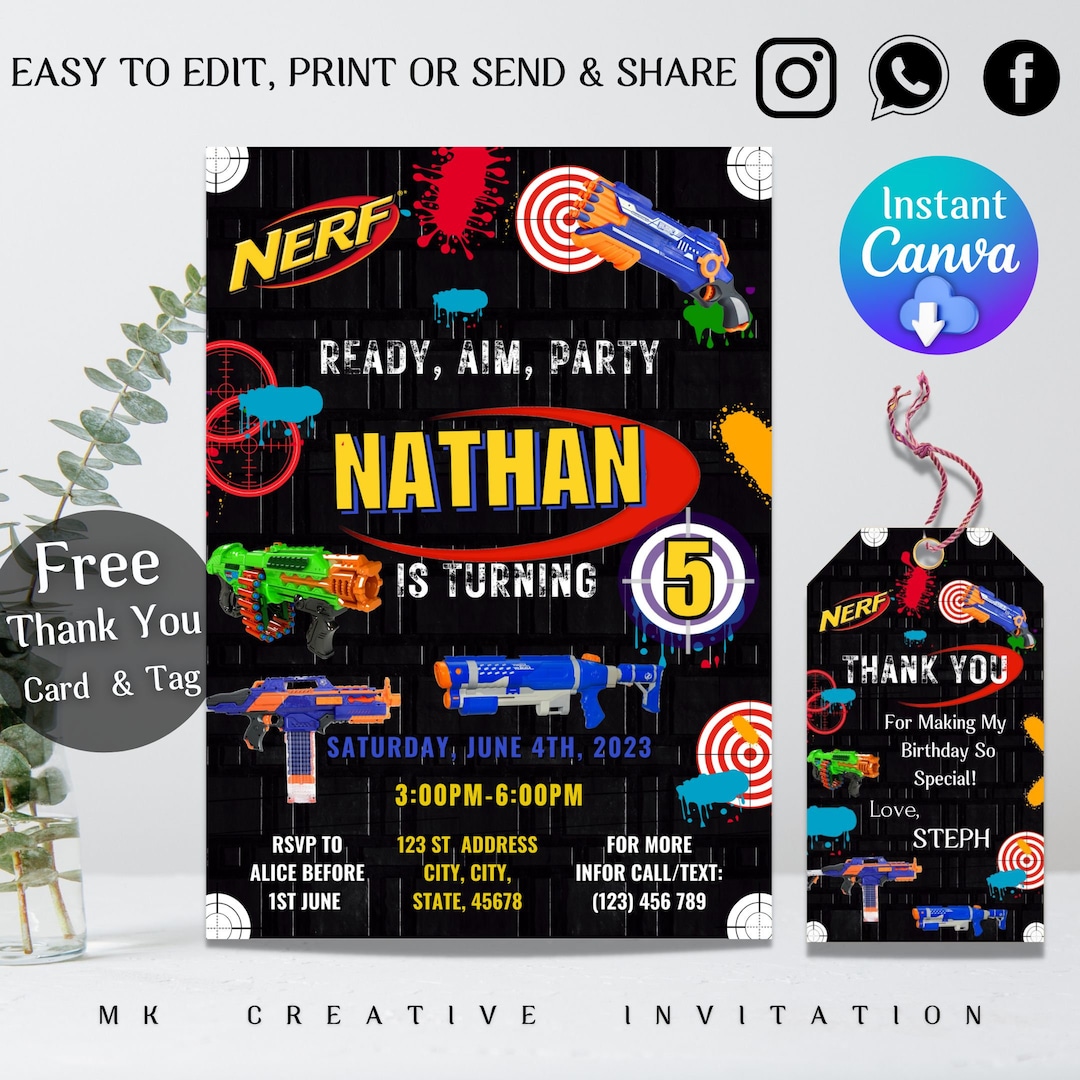 Editable Nerf Gun Birthday Invitation Nerf Gun Party - Etsy
