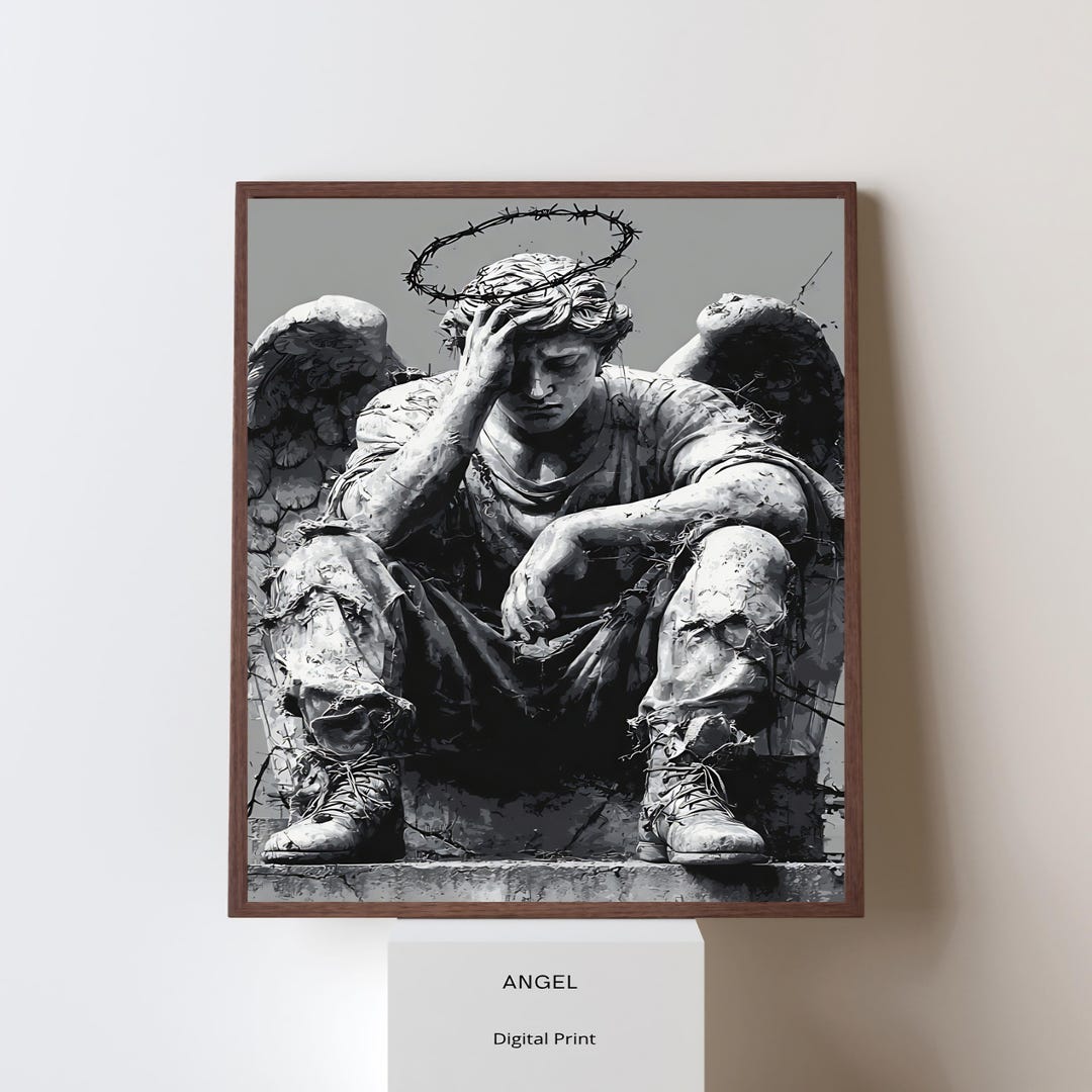 Fallen Angel Wall Art – Grunge Digital Print of Barbed Wire Angel ...