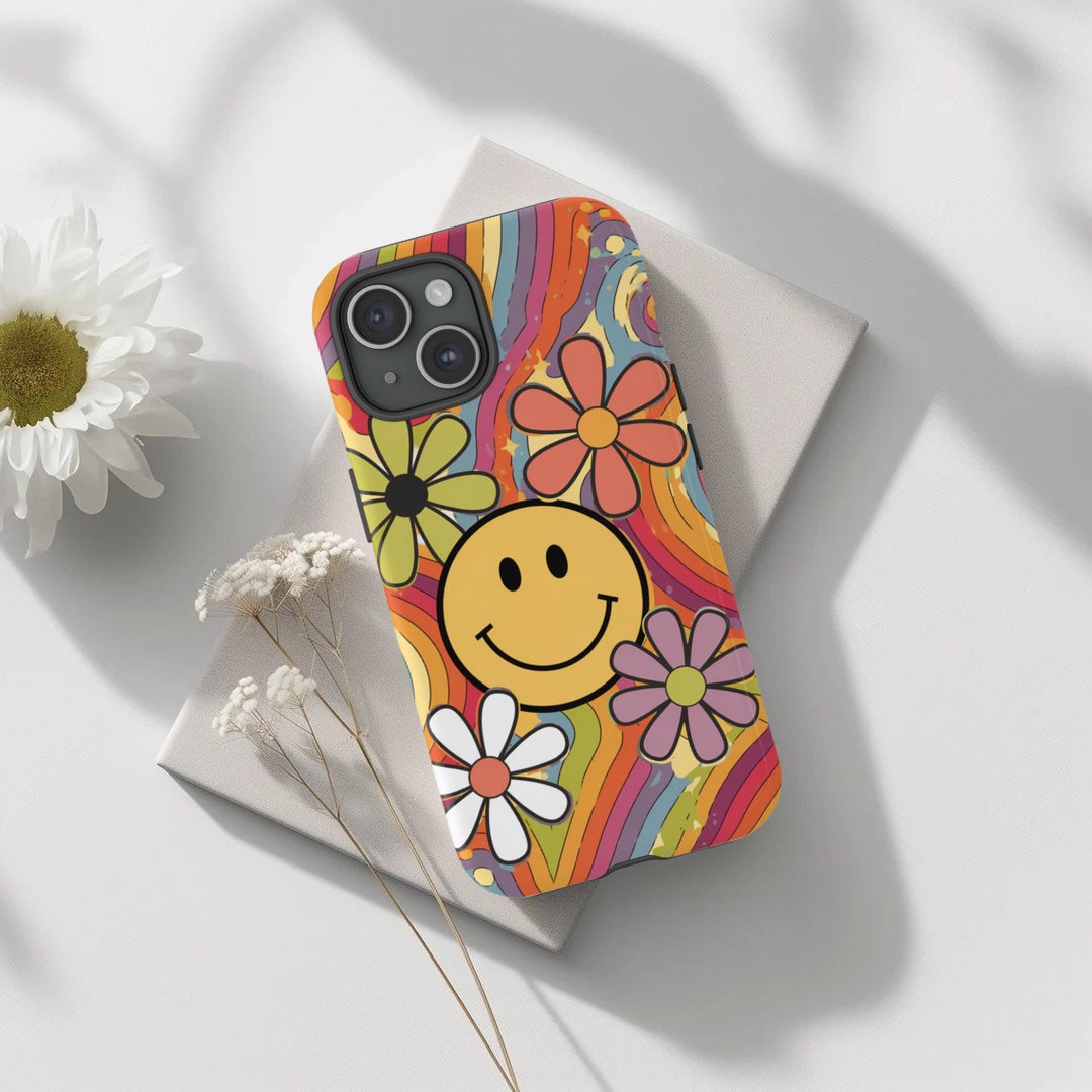 Phone Case, Hippie Smiley Face Flower Power Retro Rainbow iPhone Cover ...