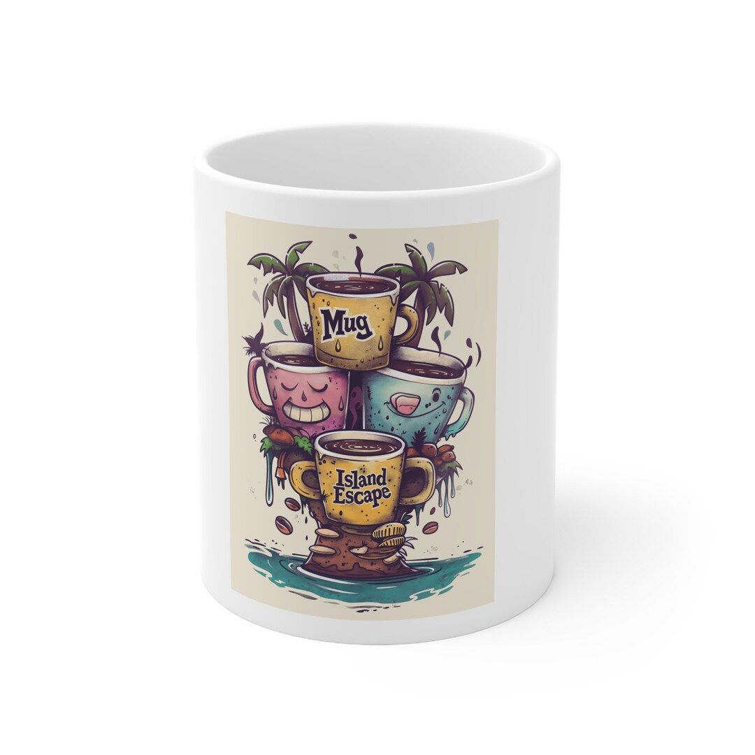 Island Escape Mug Fun Cartoon Graffiti Style Design Ceramic Coffee Cups ...