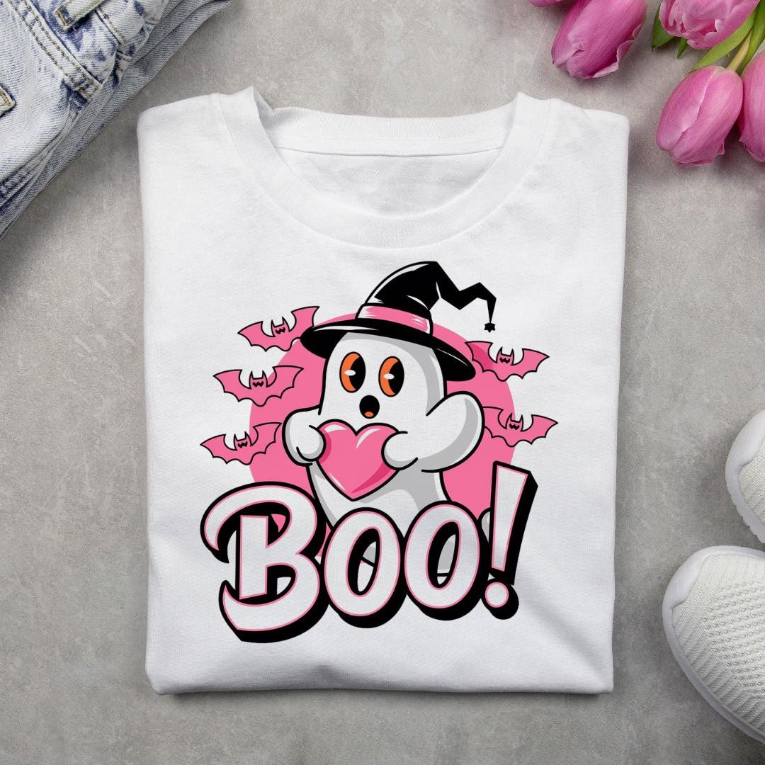 Pink Halloween Ghost PNG – Cute Boo Heart Design – 300 DPI Transparent ...