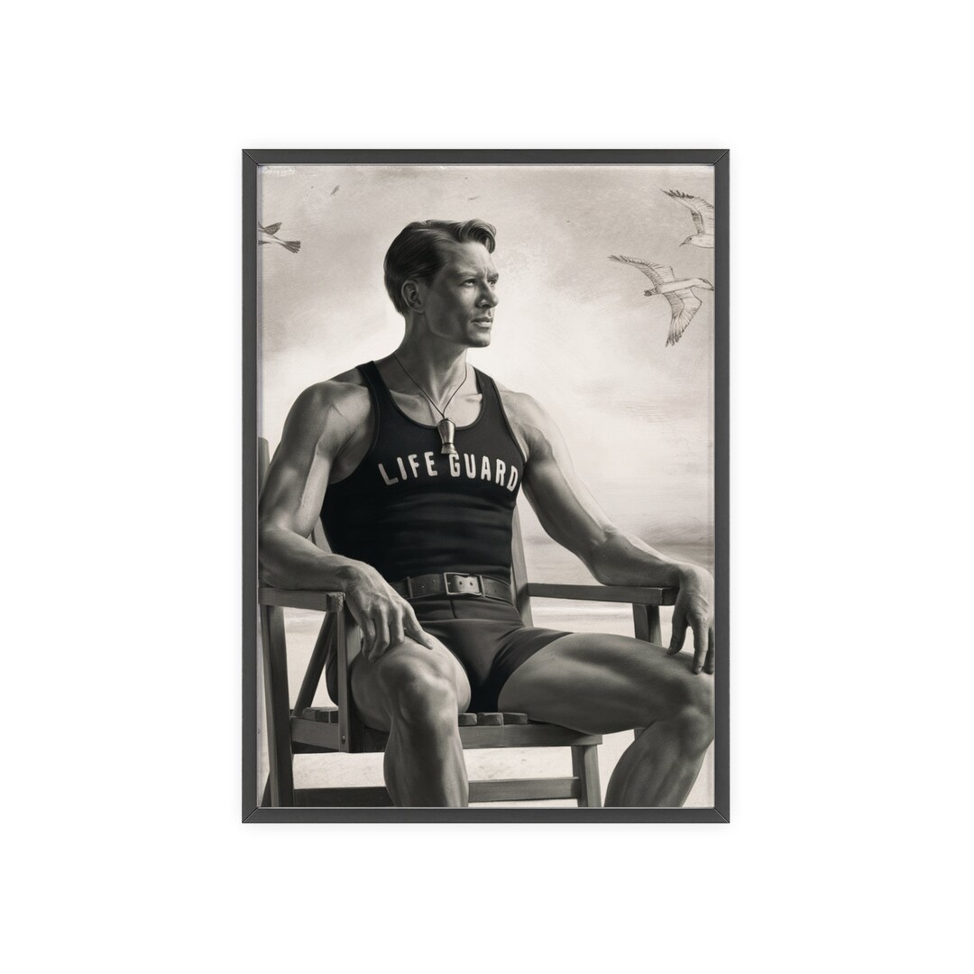 Vintage Lifeguard Portrait Retro Beach Guard Wall Art, Classic Black ...