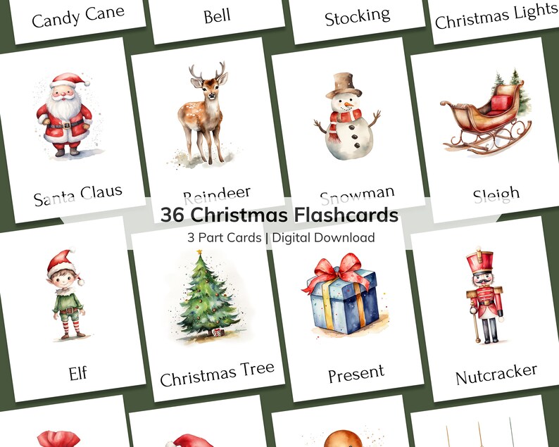 Christmas Flashcards for Kids, Printable 3 Part Nomenclature Toddler ...