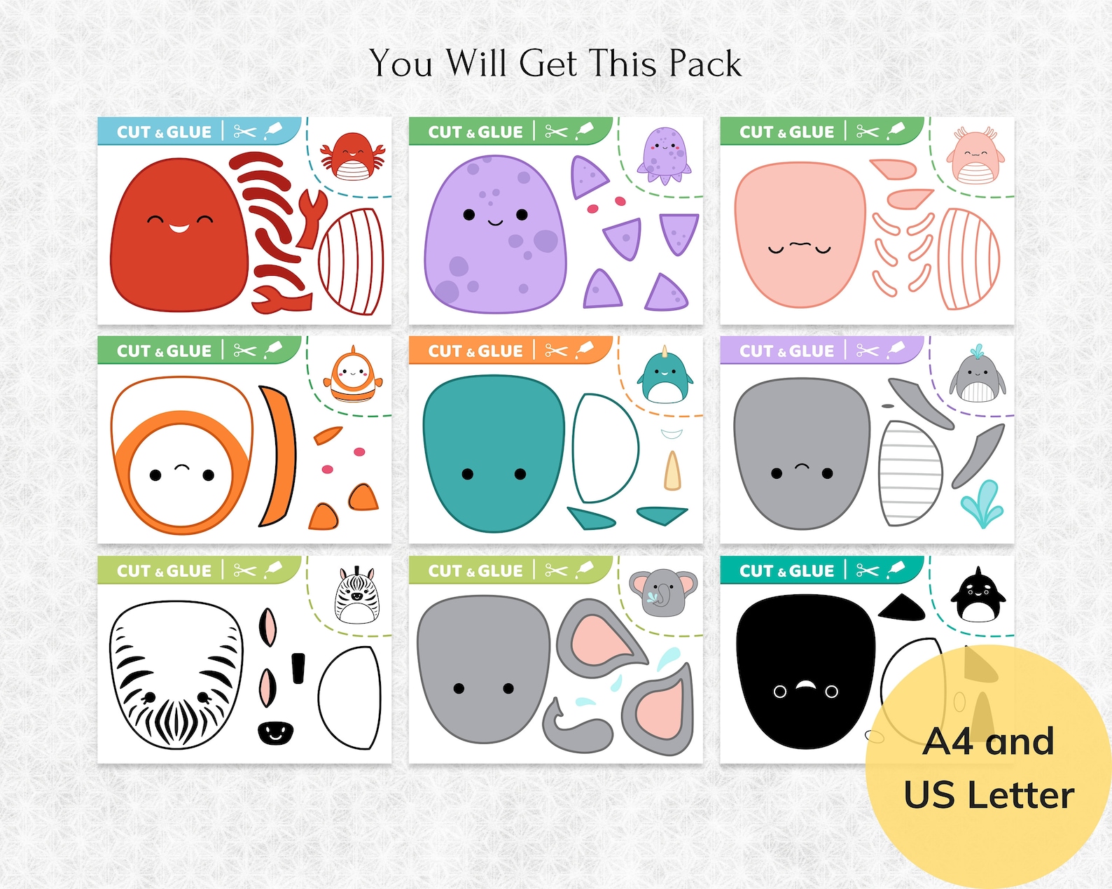 Cute Kawaii Animals Cut and Glue Paper Craft Activity Sheet for Kids ...