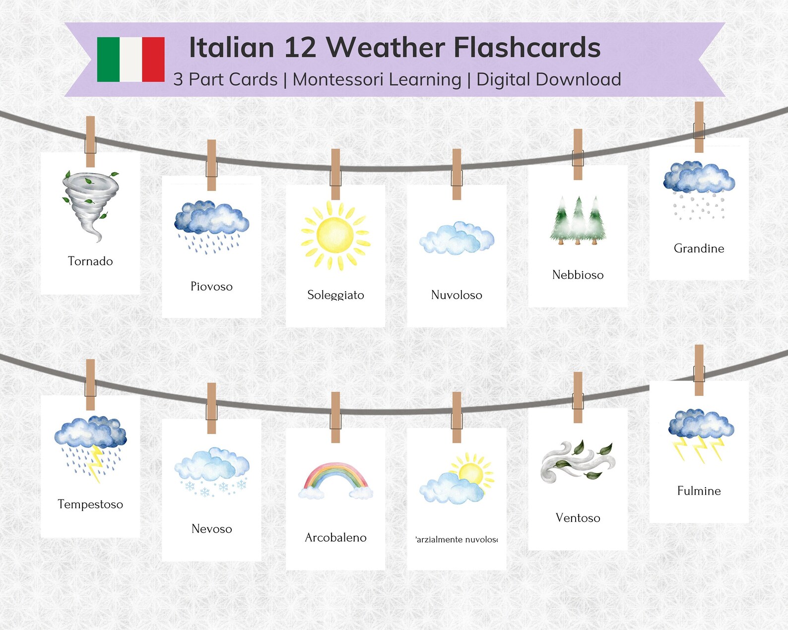 Italian Weather Printable Flashcards for Kids Weather Montessori ...