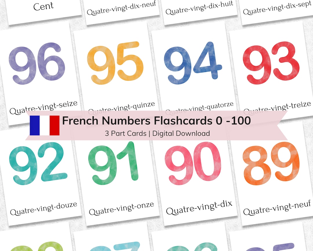 French Numbers 0-100 Flashcards for Kids, Printable 3 Part Nomenclature ...