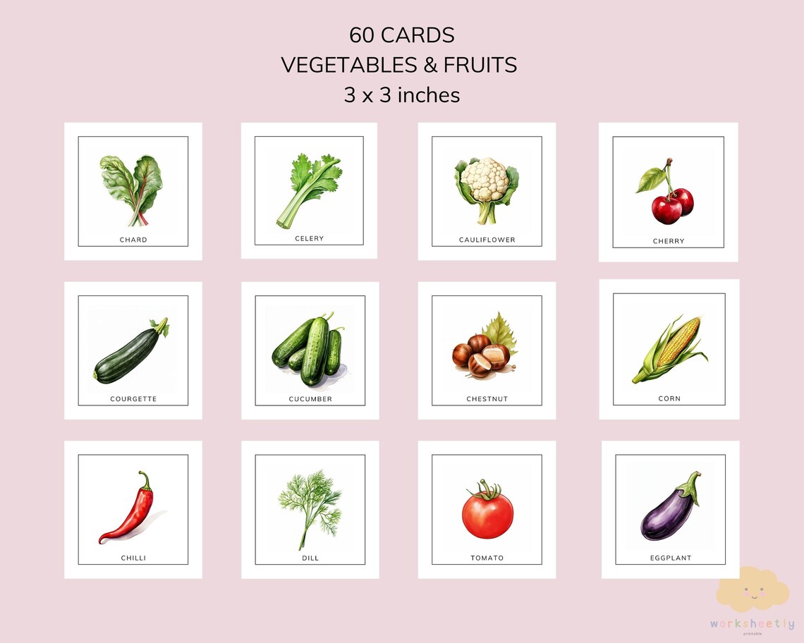 60 Fruits and Vegetables Montessori Flashcards for Kids Pre-school ...