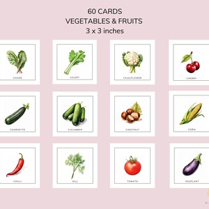 60 Fruits and Vegetables Montessori Flashcards for Kids | Pre-school ...