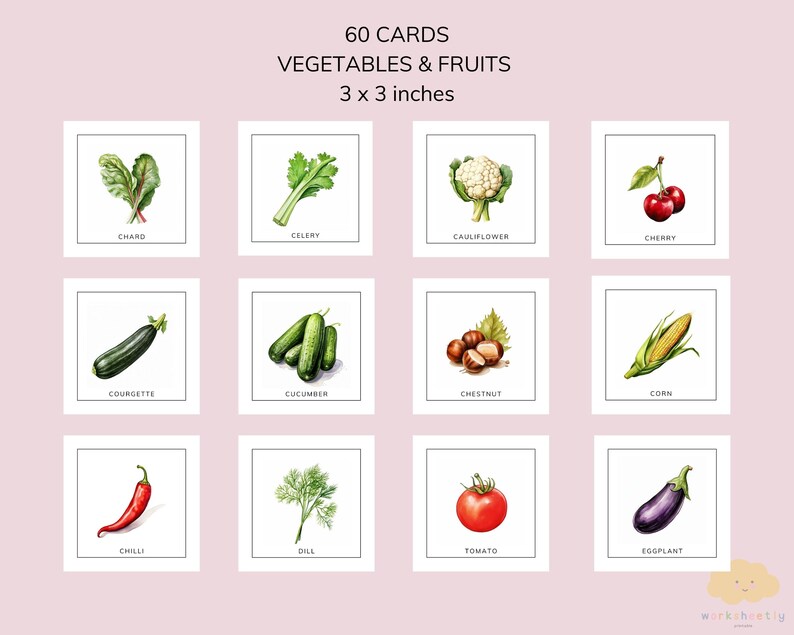 60 Fruits and Vegetables Montessori Flashcards for Kids Pre-school ...