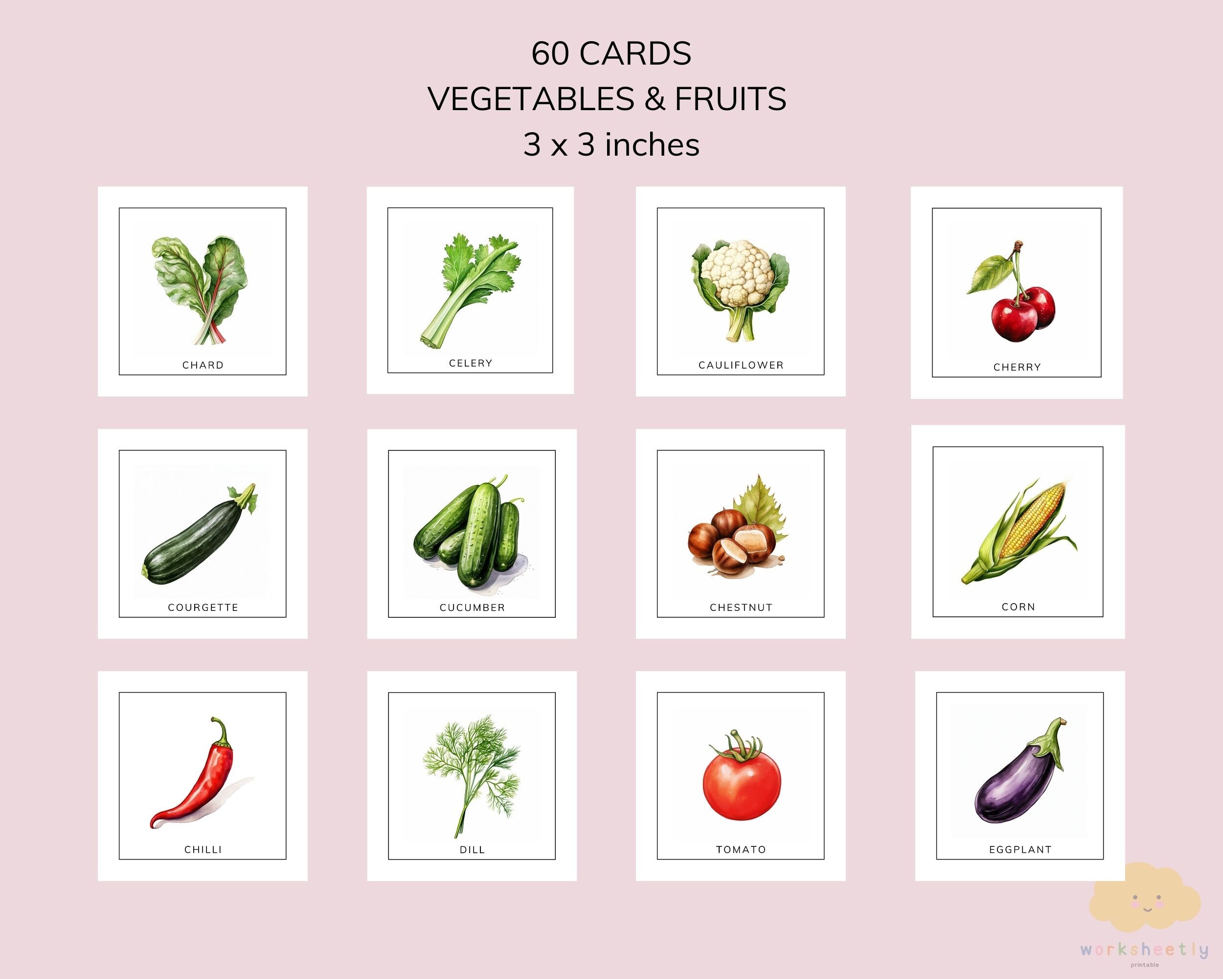 60 Fruits and Vegetables Montessori Flashcards for Kids Pre-school ...