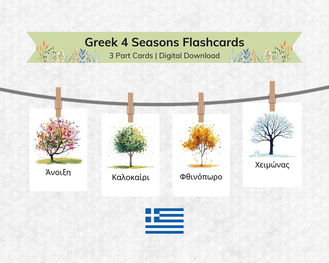 Greek Seasons Flashcards for Kids Educational 3 Part Nomenclature ...