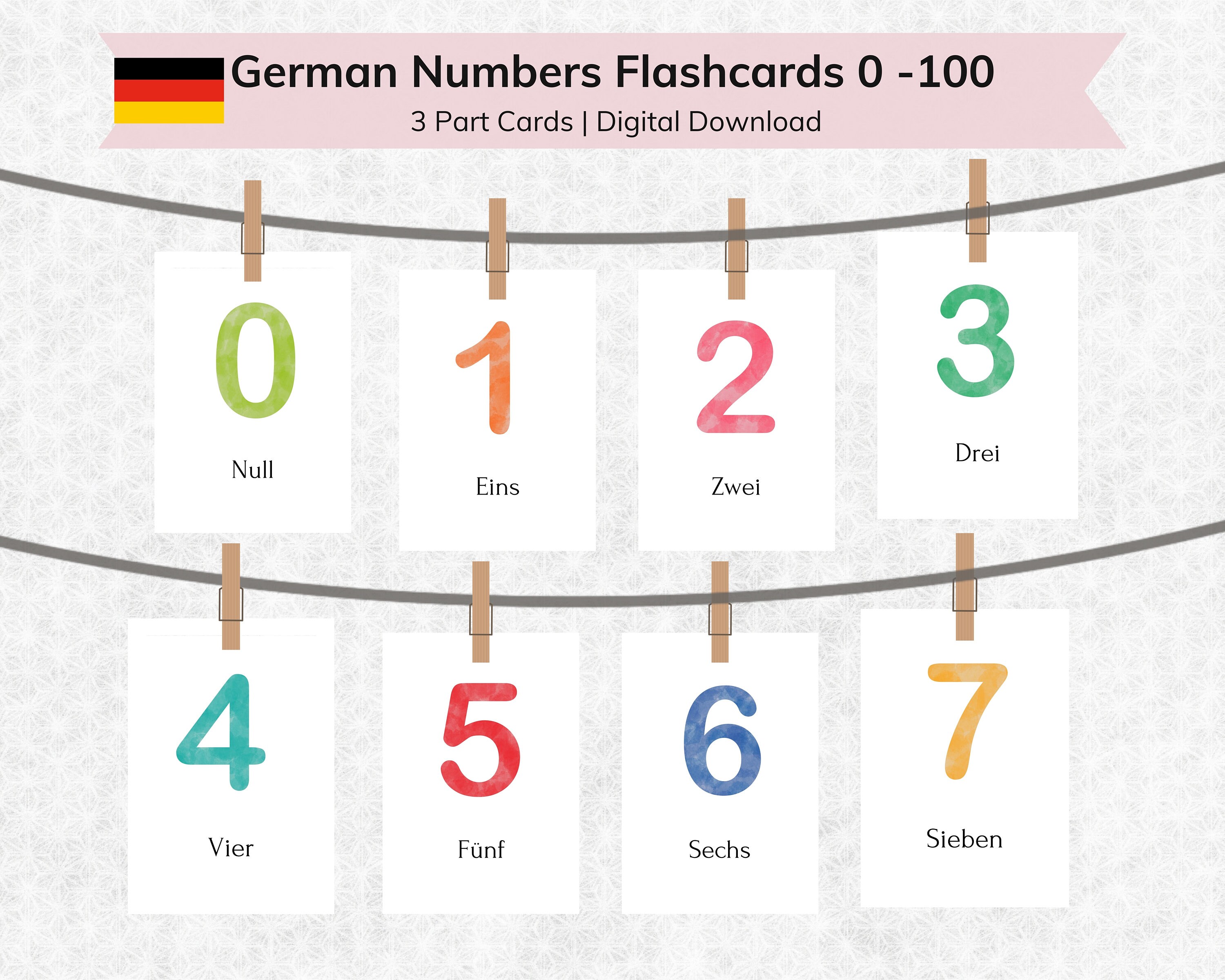 German Numbers Flashcards: Watercolor Montessori 3-part Cards (digital ...