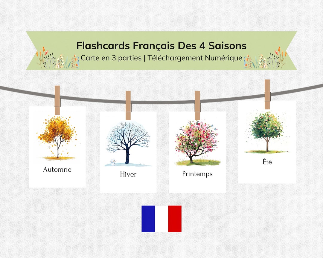 French 4 Seasons Flashcards for Kids, Printable 3 Part Nomenclature ...