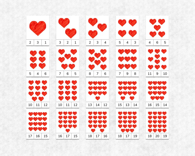Hearts Count and Clip Cards Numbers 1-20 Count Flashcards Preschool ...