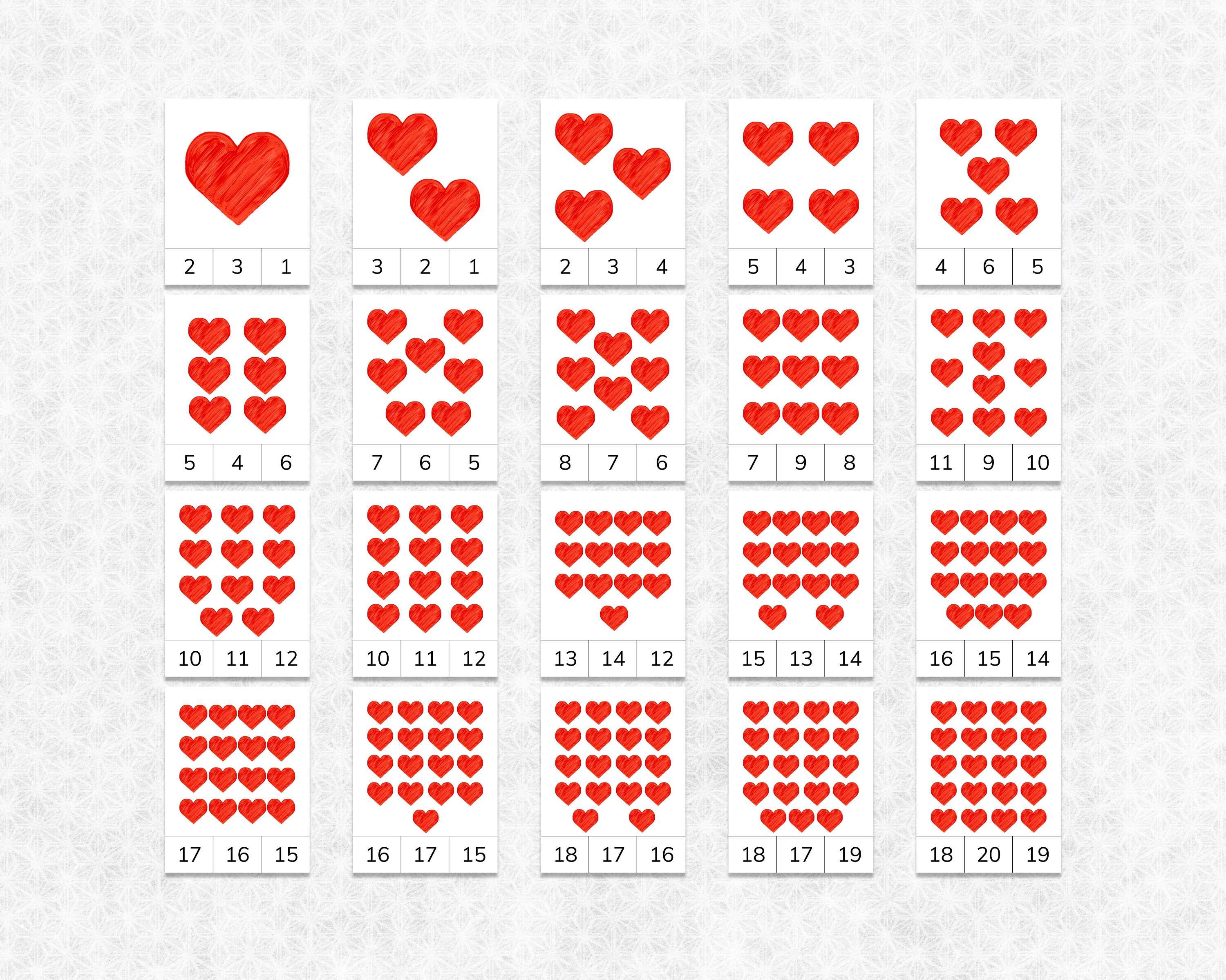 Hearts Count and Clip Cards Numbers 1-20 Count Flashcards Preschool ...