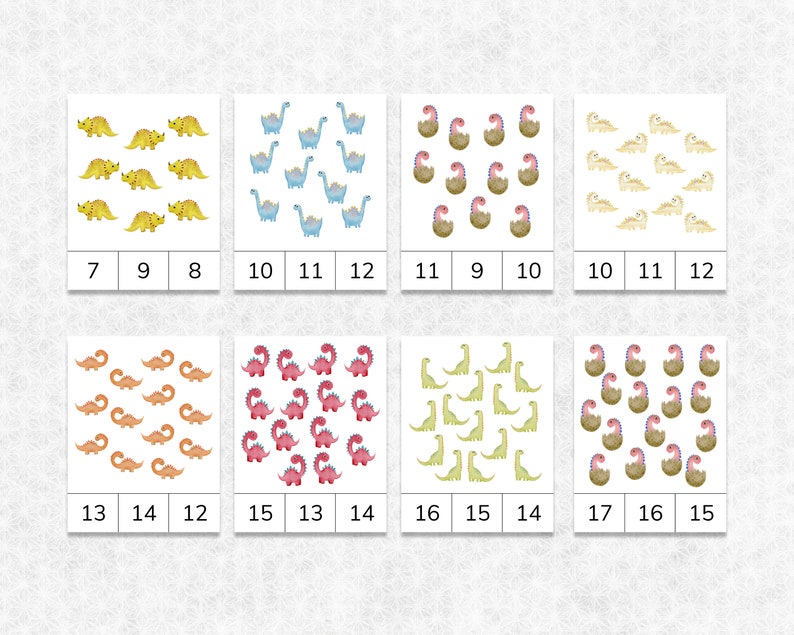 Dinosaur Count and Clip Cards, Number 1-20 Count Flashcards for Kids ...