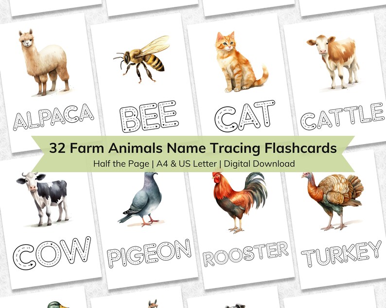 Farm Animal Name Tracing Flashcards for Kids, Printable Montessori ...